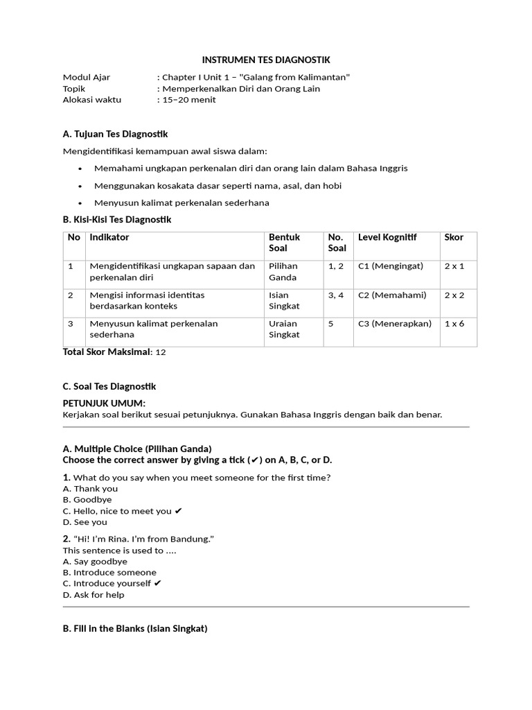 Tes Diagnostik Perkenalan Diri Inggris | PDF