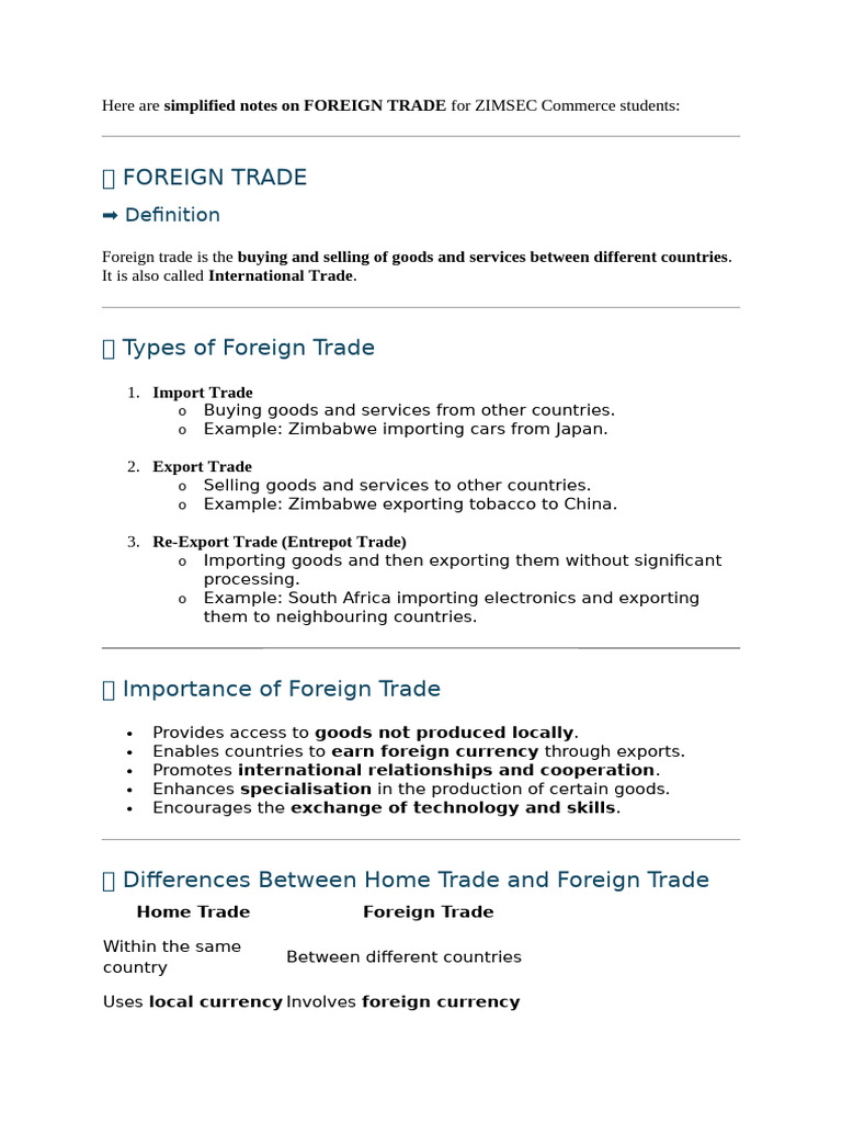 Foreign Trade Notes for ZIMSEC Students | PDF | Trade | Exports