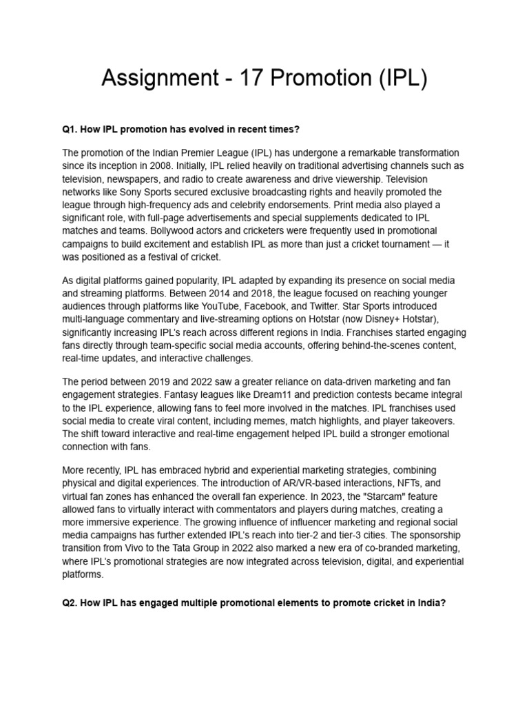 Assignment - 17 Promotion (IPL) | PDF | Social Media | Popular Culture & Media Studies