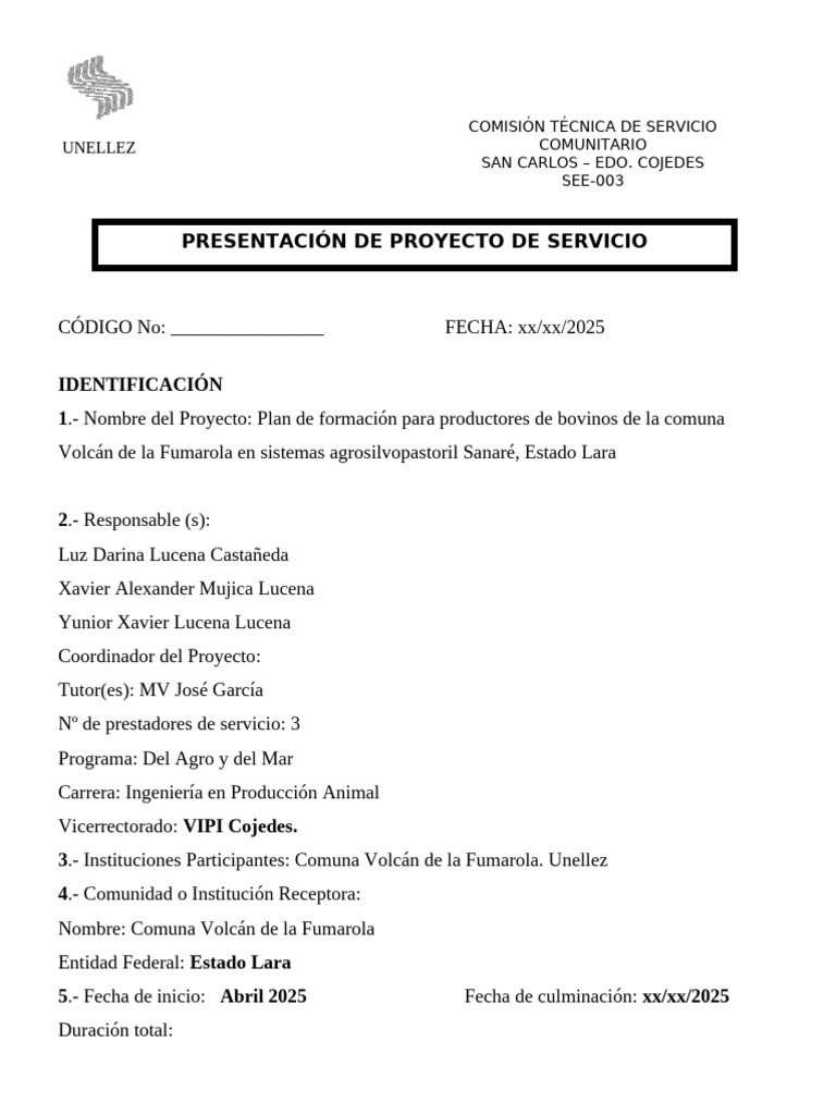 Proyecto de Servicio Comunitario Ing. Produccion Animal - Agroinsutrial ...