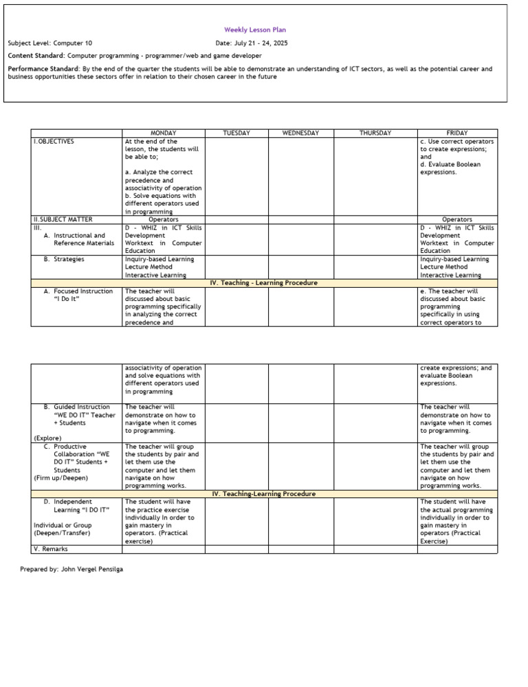 Computer 10 Week 5 Lesson Plan | PDF | Inquiry Based Learning | Educational Technology