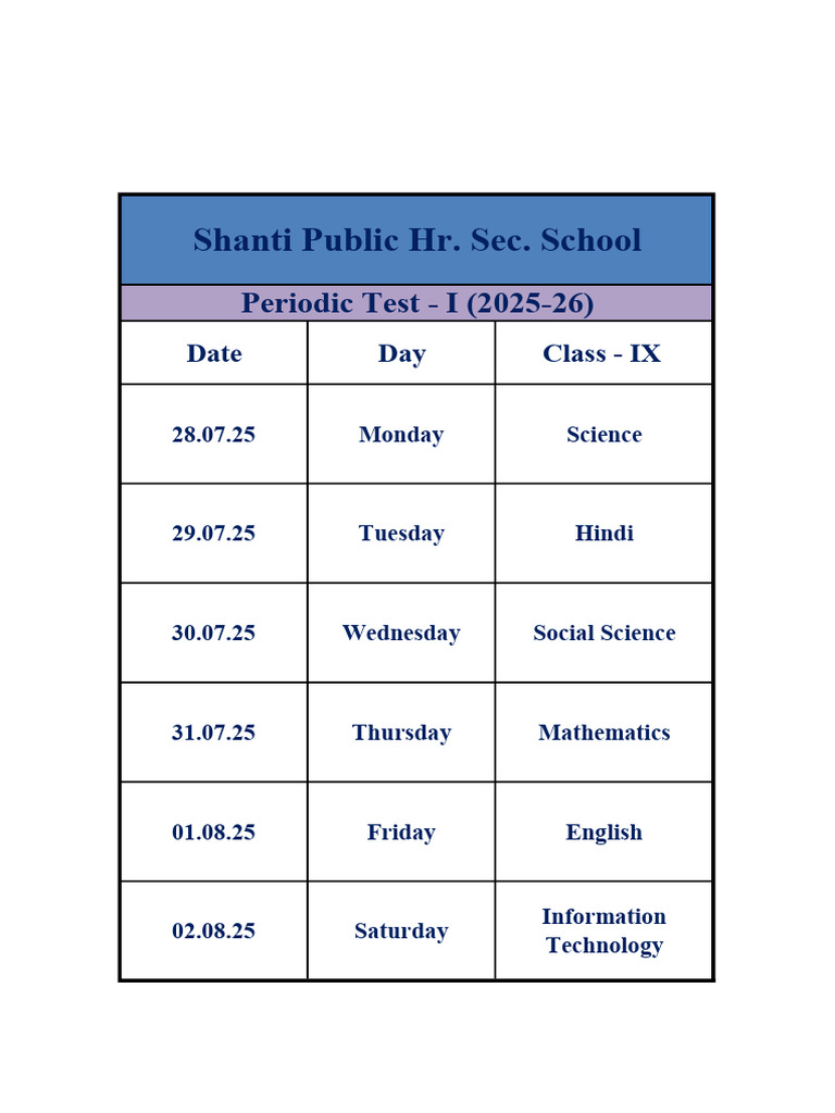 Class 9 Timetable 2025 | PDF