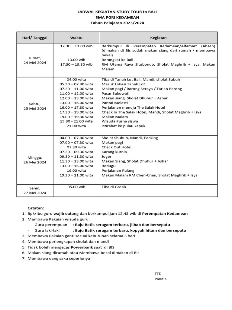 Jadwal Study Tour SMA PGRI Kedamean Bali | PDF
