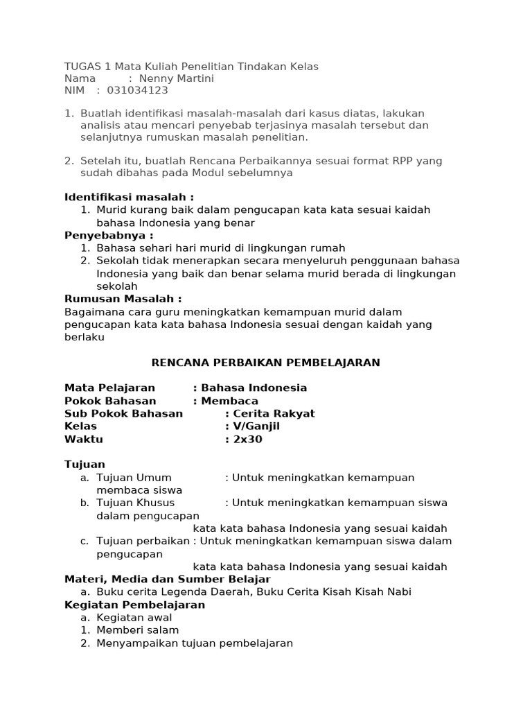TUGAS 1 Mata Kuliah Penelitian Tindakan Kelas | PDF