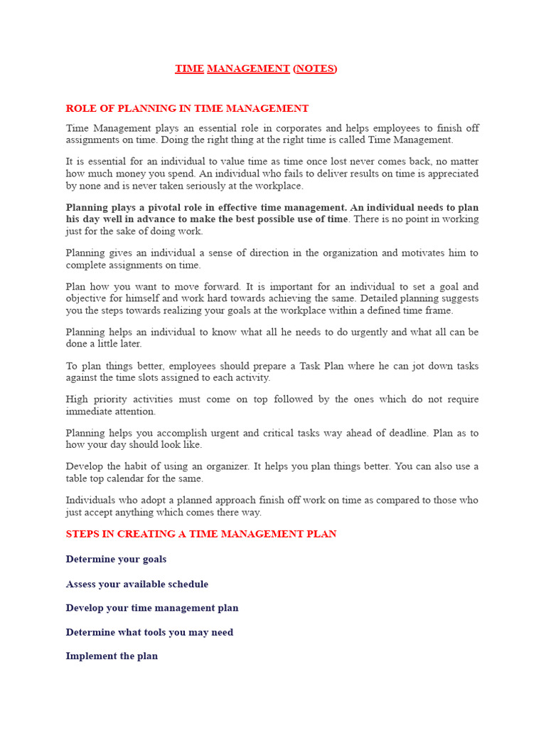 Time Management (Notes) | PDF | Time Management | Professional Skills