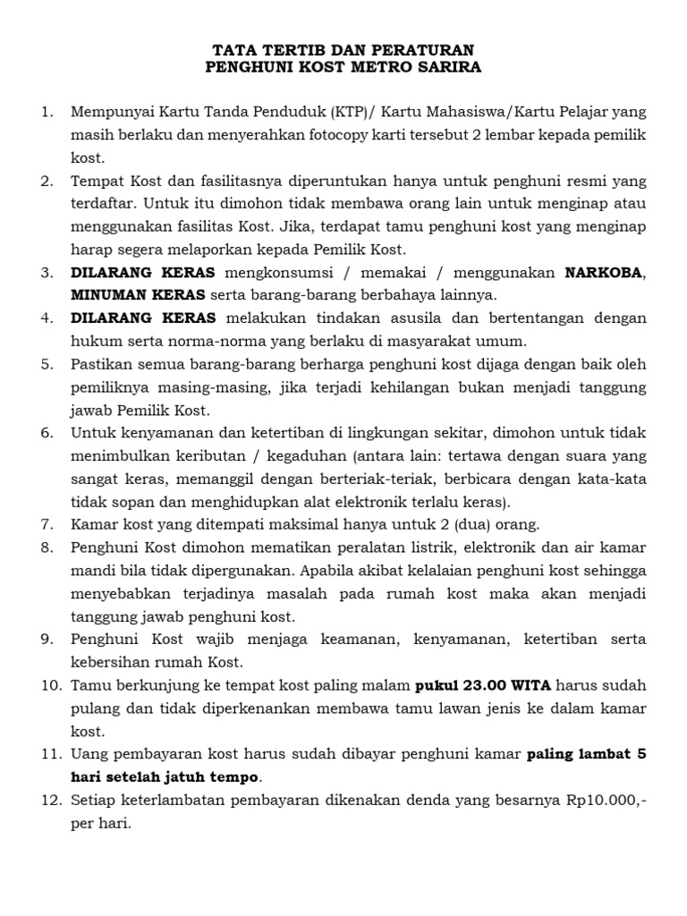 Tata Tertib Dan Peraturan Penghuni Kost | PDF