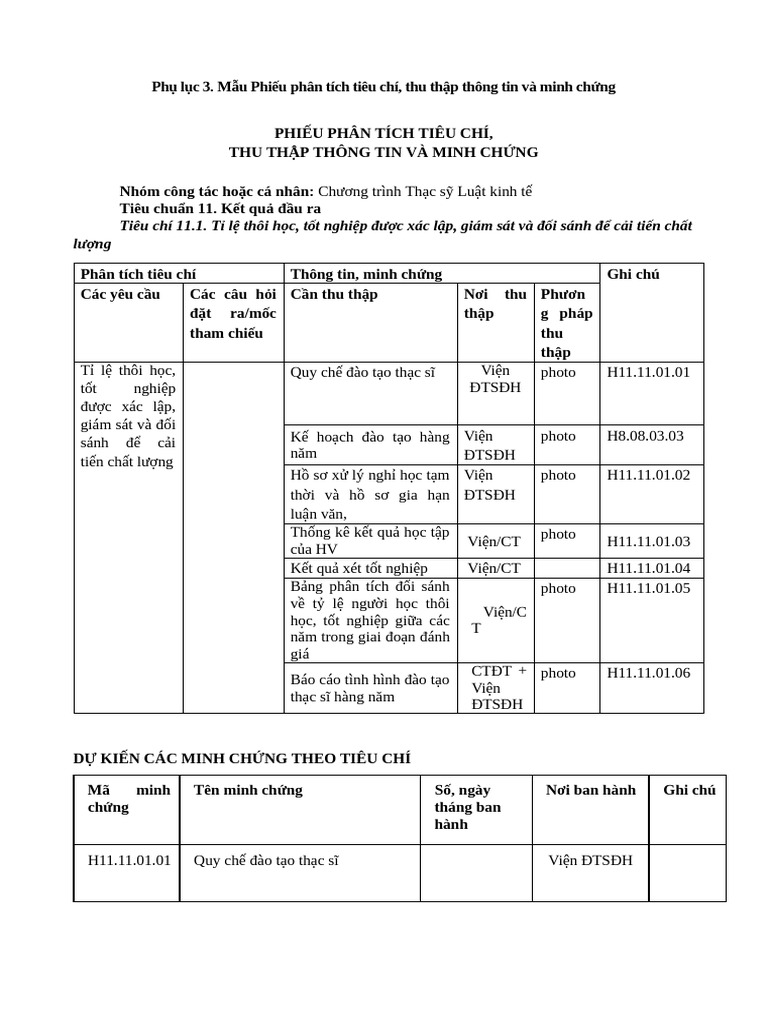 Phiếu Phân Tích Tiêu Chí Trong TC11 | PDF