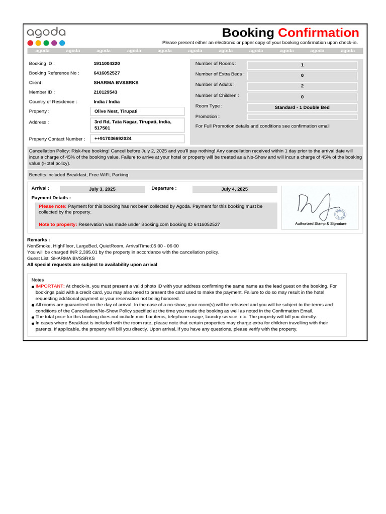 Confirmation For Booking ID # 1911004320 | PDF | Credit Card | Payments