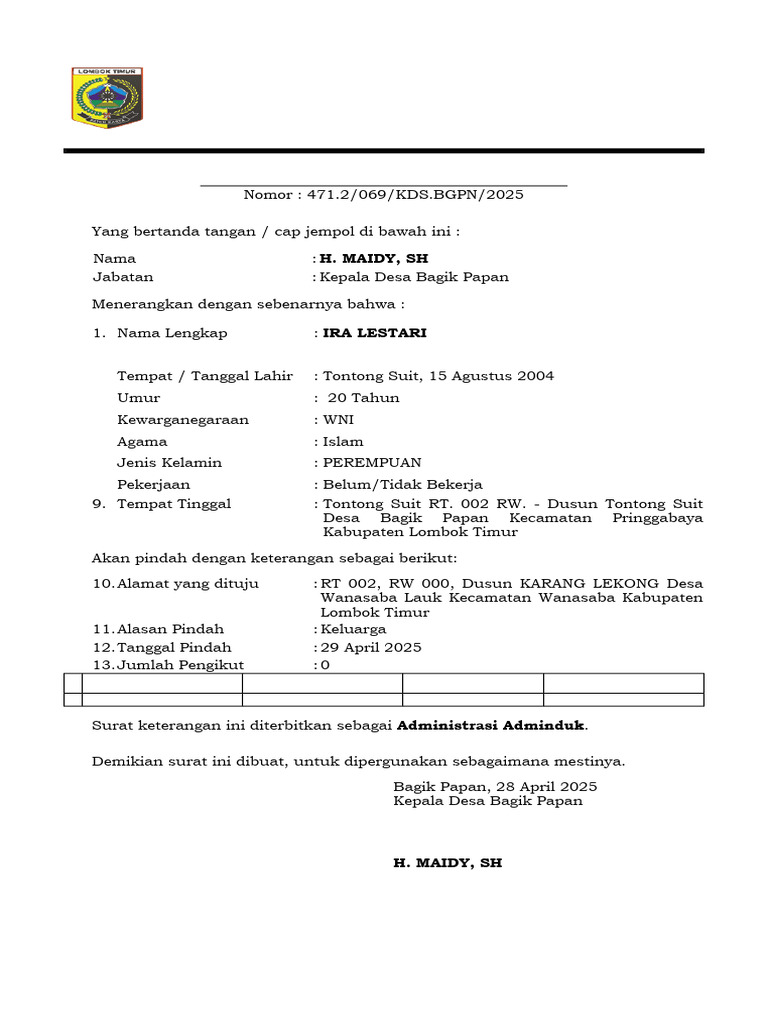 Surat Keterangan Pindah Penduduk - 5203085508040006 - 2025 04 28 - 069 | PDF