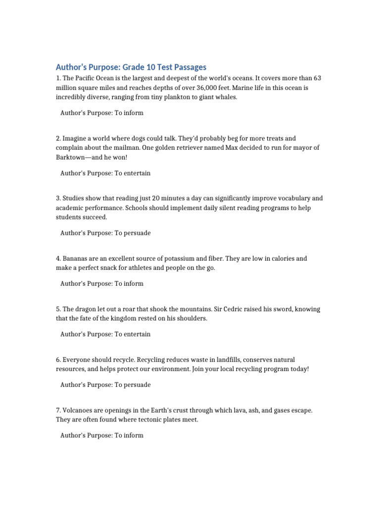 Authors Purpose Grade10 Test | PDF