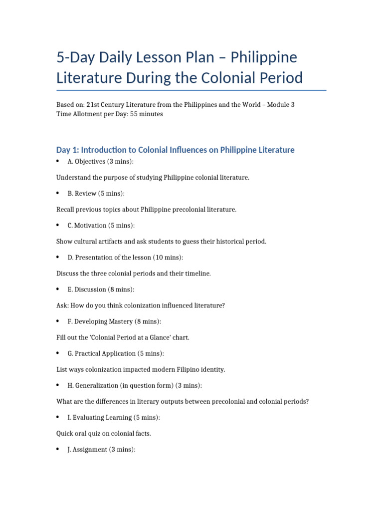 5-Day Lesson Plan: Philippine Colonial Literature | PDF | Lesson Plan ...