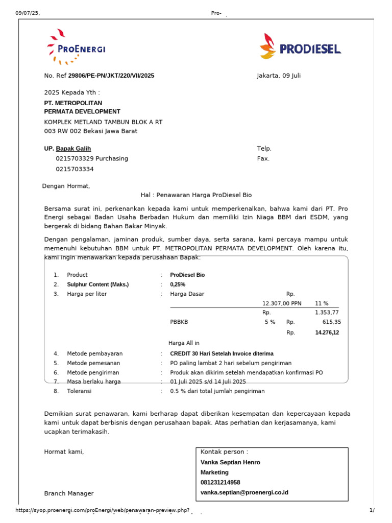 Penawaran ProDiesel Bio untuk PT. Metropolitan | PDF