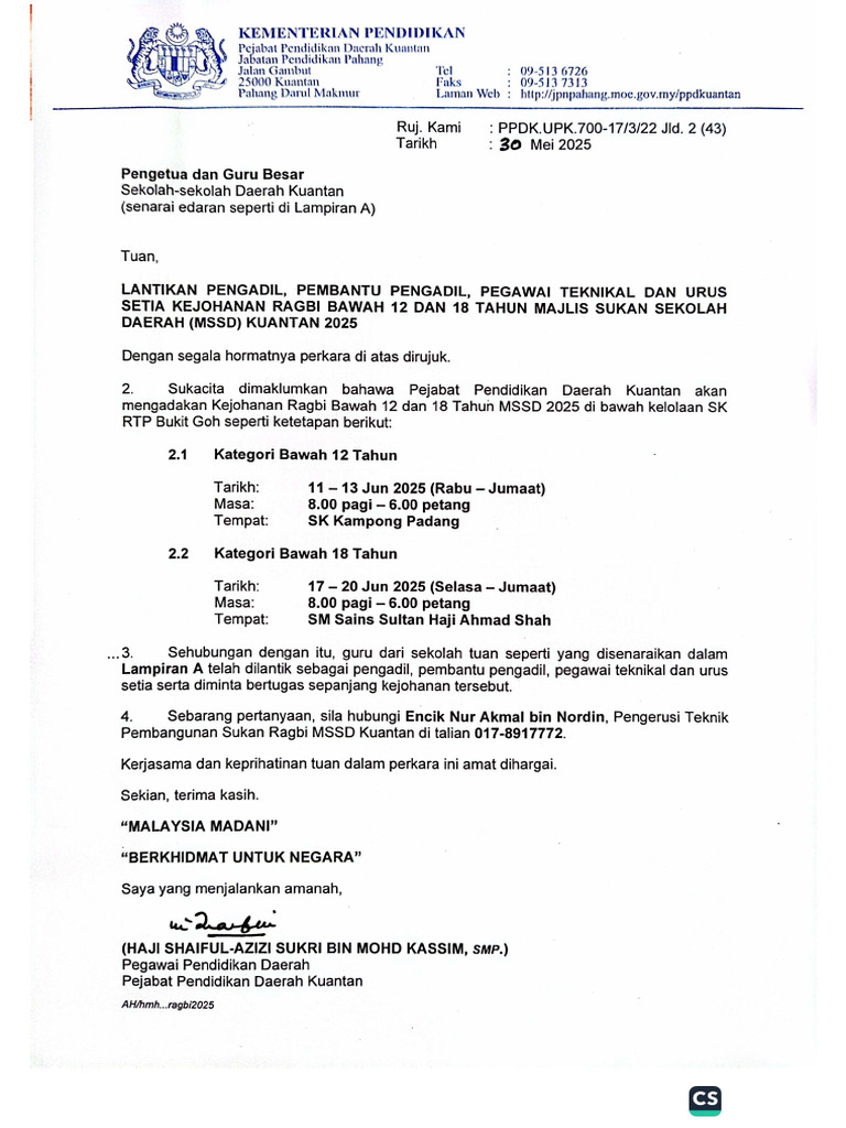 Lantikan Pengadil, Pembantu Pengadil, Peg. Teknikal Dan Urus Setia Kejohanan Ragbi b12 b18 MSSD ...
