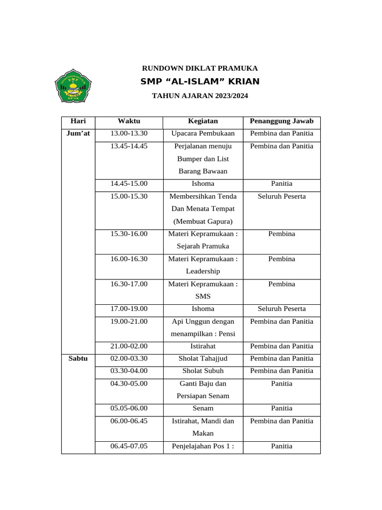 Rundown Diklat Pramuka SMP Al-Islam 2023 | PDF