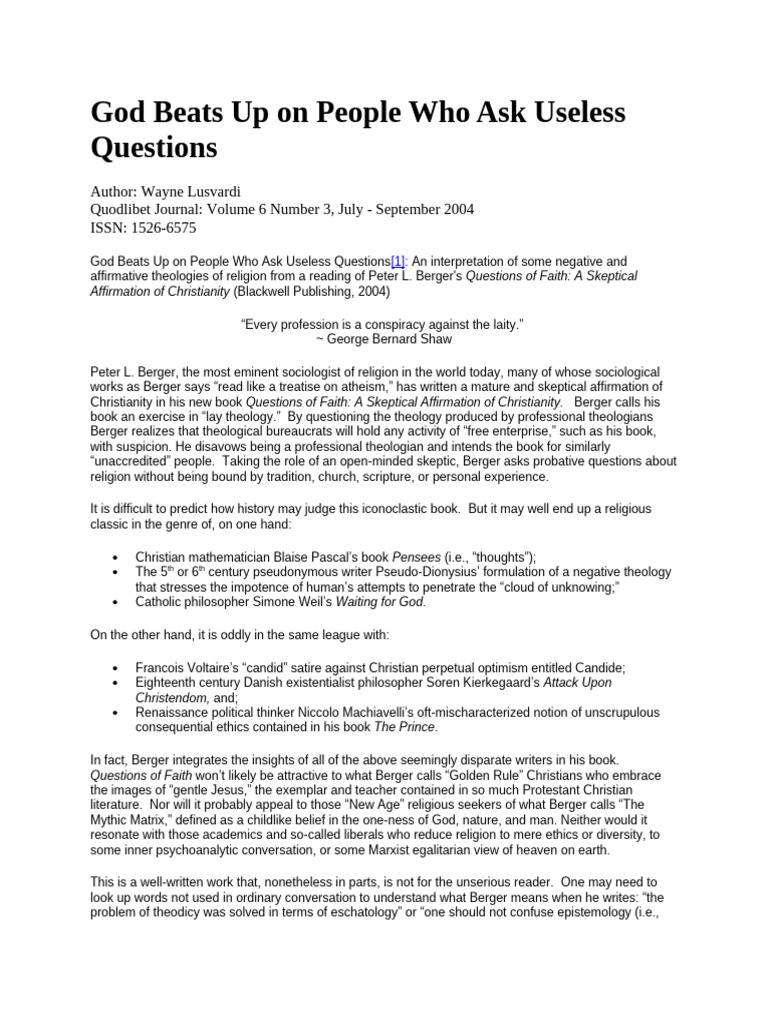 God Beats Up On People Who Ask Useless Questions | PDF | Faith | Theology