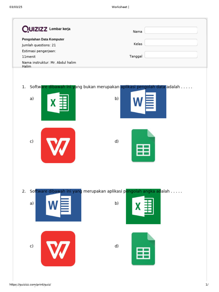 Worksheet - Quizizz (Pengolahan Data Dikomputer) | PDF