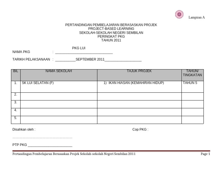 Borang Senarai Projek - Sek PBL 2011 - SK Lui Selatan | PDF