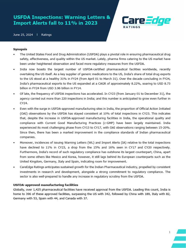USFDA Inspections - CareEdge Report | PDF | Food And Drug Administration | Pharmaceutical Industry