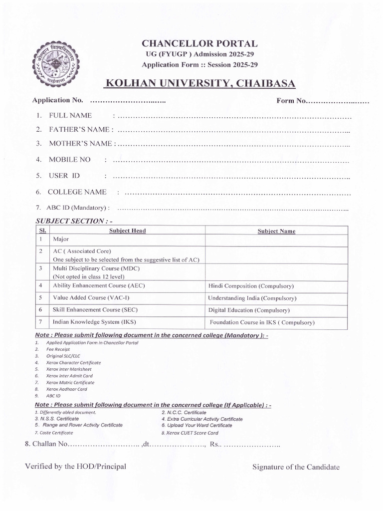 Admission Subject Selection Form KU | PDF