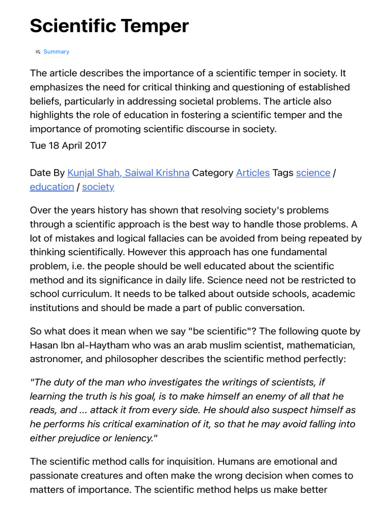 Fostering Scientific Temper in Society | PDF | Scientific Method ...