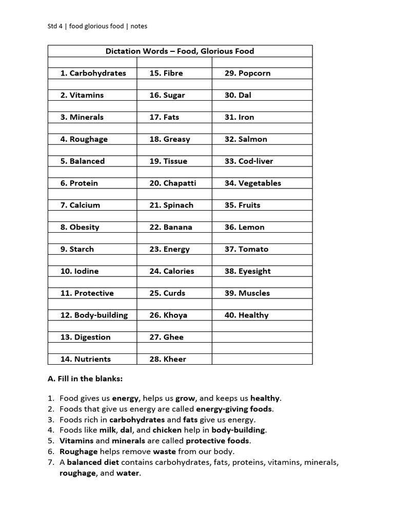 Std 4 Food Nutrition Study Notes | PDF | Foods | Vitamin