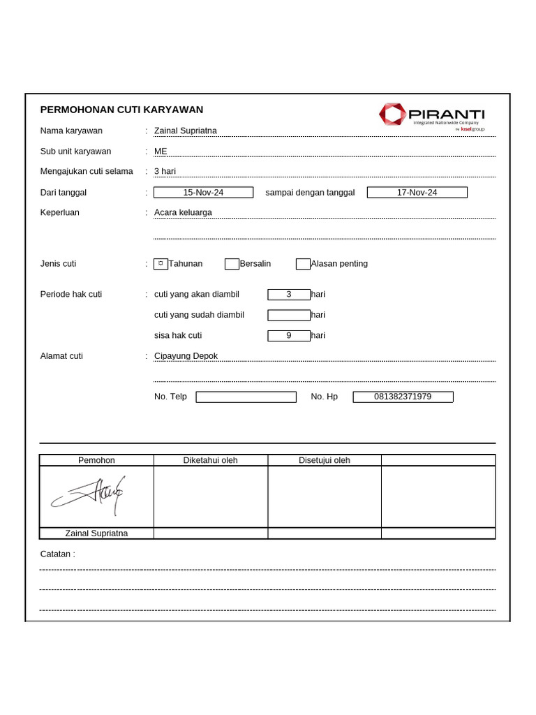 Form Cuti KSP Zainal | PDF