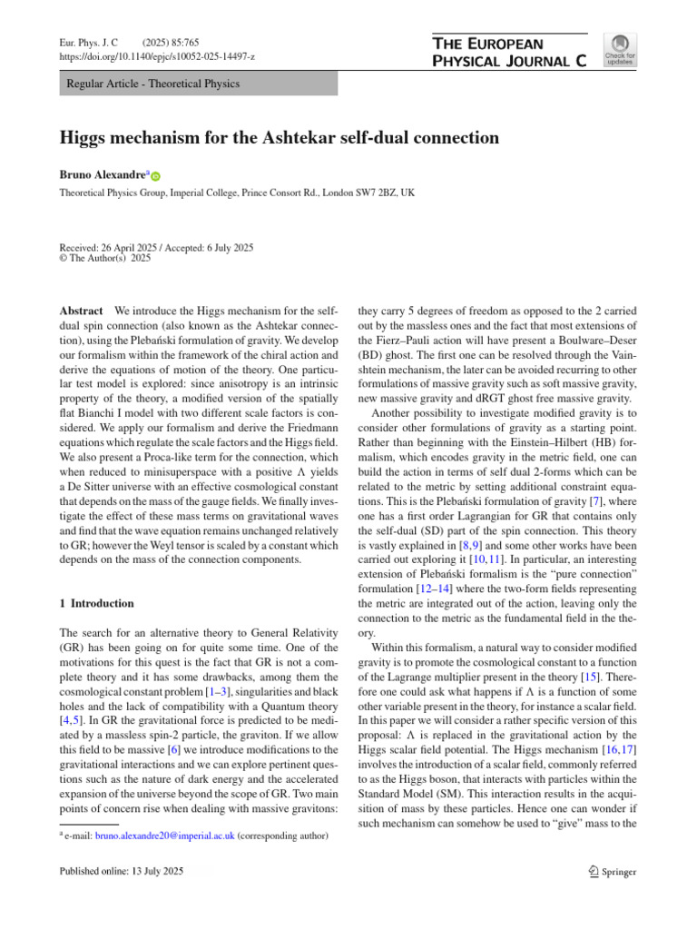 Higgs Mechanism For The Ashtekar Self-Dual Connect | PDF | Higgs Boson ...