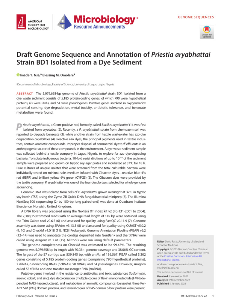 Nsa Omolere Draft Genome Sequence and Annotation of Priestia ...