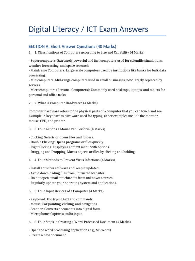 Digital Literacy Exam Answers Guide | PDF | Computer Virus | Internet