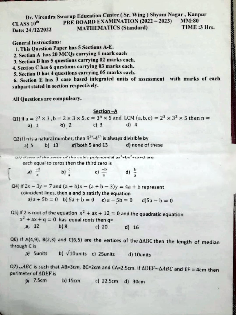 Pre Board 1 - (Maths) 22-23 Vsec | PDF | Circle | Area