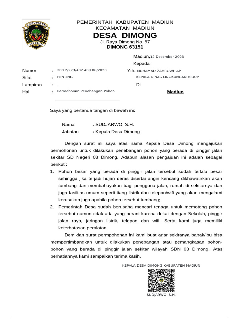 Surat Permohonan Penebangan Pohon DLH | PDF