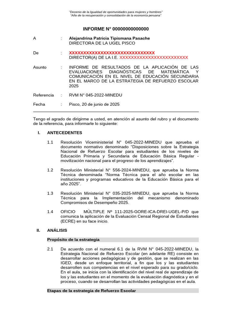 Formato para Informe Resultados de La Evaluación Diagnóstica-QUINTO de PRIMARIA | PDF ...