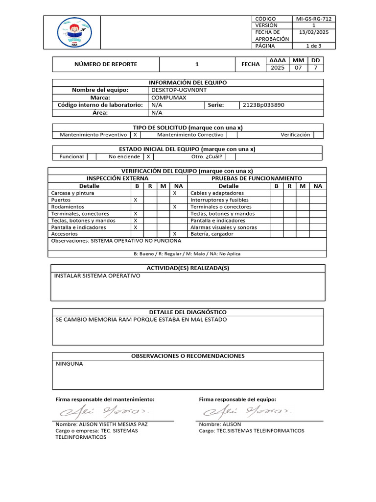 Informe De Mantenimiento De Equipos Pdf Laboratorios Informática