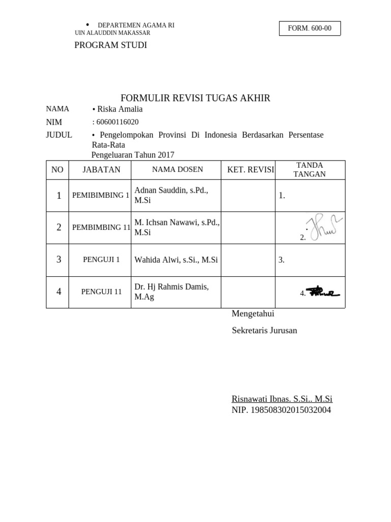 Formulir Revisi Tugas Akhir: Program Studi | PDF