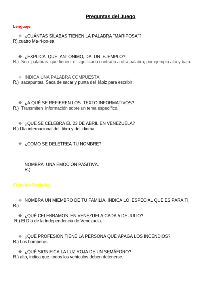 Preguntas y Respuestas de Juego Educativo | PDF