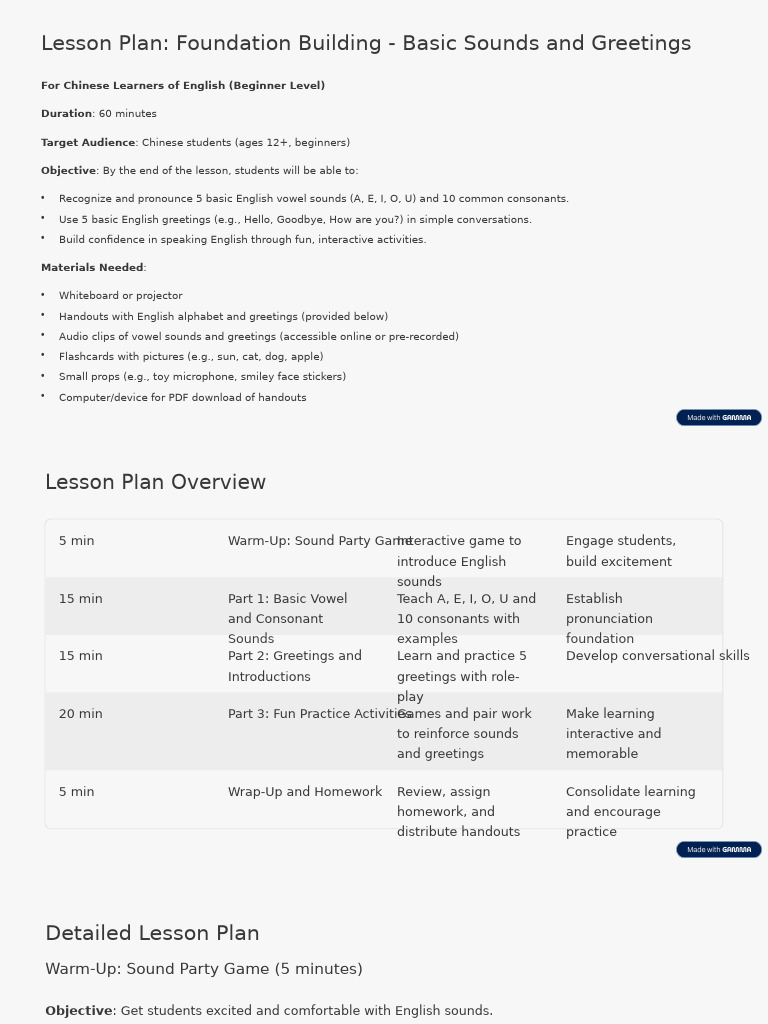 Lesson Plan Foundation Building Basic Sounds and Greetings | PDF ...