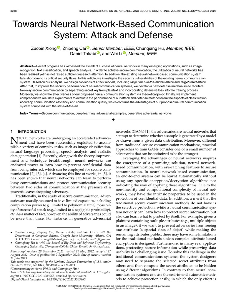 Neural Network Security in Communication | PDF | Deep Learning | Encryption