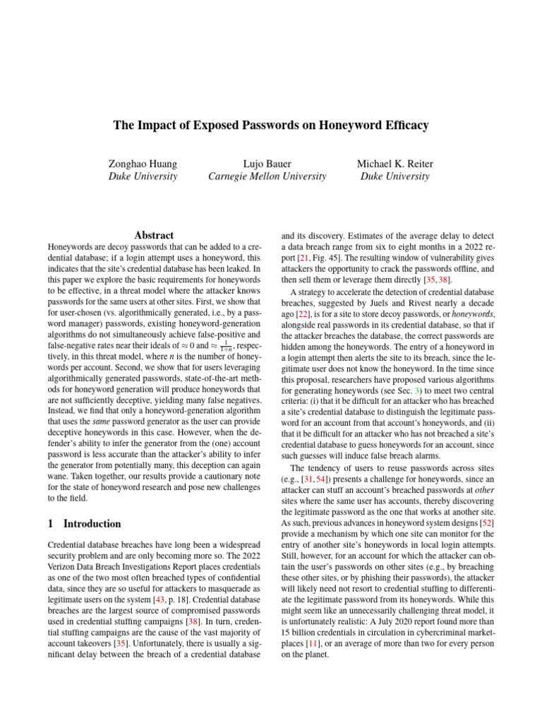 USENIX Security. 2024. The Impact of Exposed Passwords On Honeyword Efficacy | PDF | Password ...