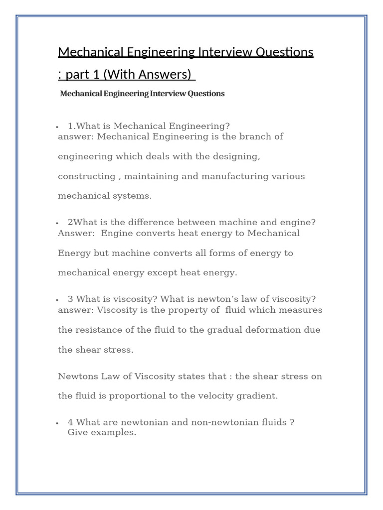 Mechanical Engineering Interview Questions | PDF | Bending | Fluid Dynamics