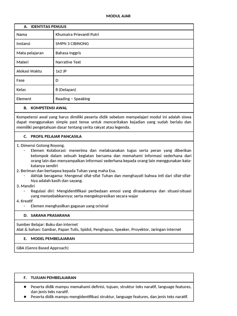 Modul Ajar Narrative Text Khumaira P. P | PDF