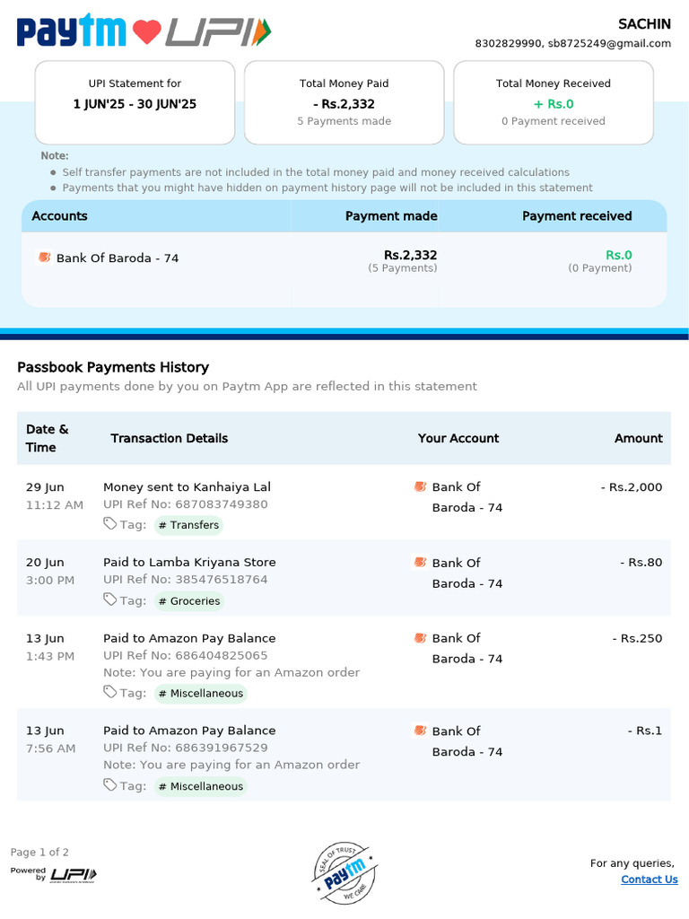 Paytm UPI Statement June 2025 | PDF | Banks | Service Industries