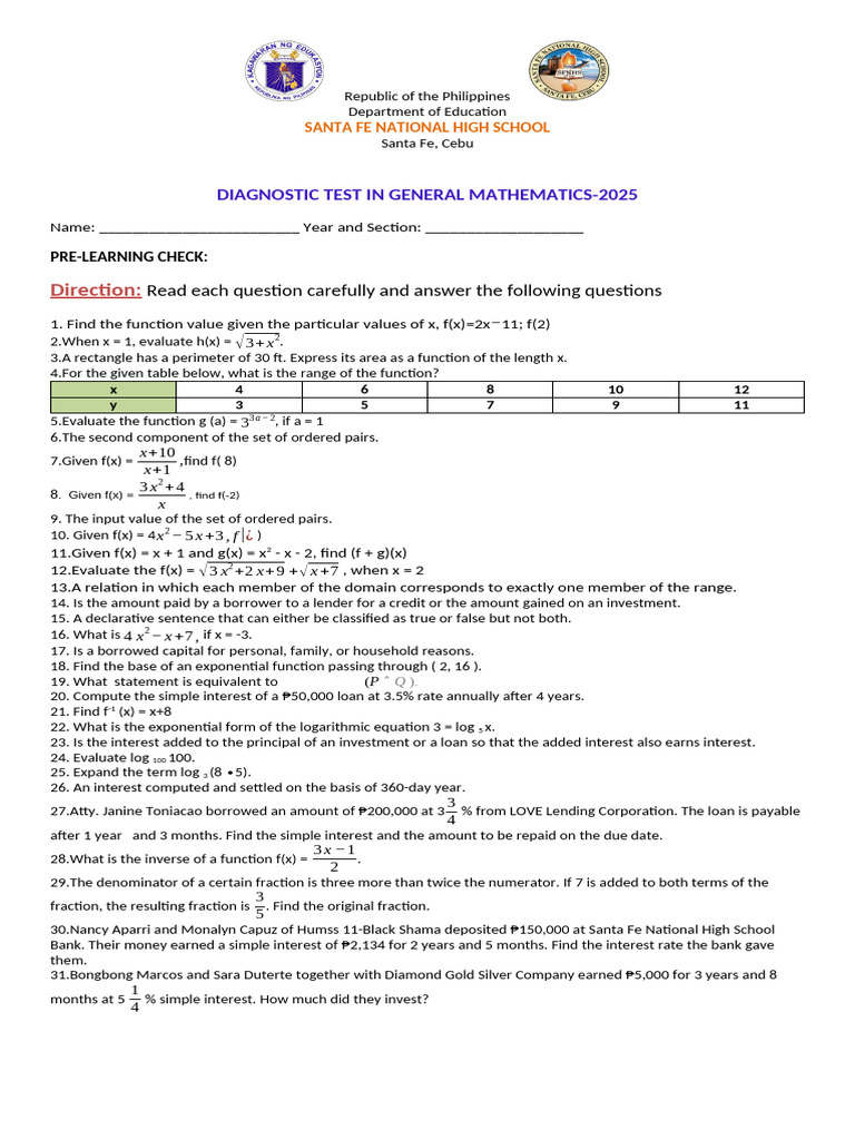 Diagnostic Test in General Mathematics 2025 | PDF | Interest | Function ...