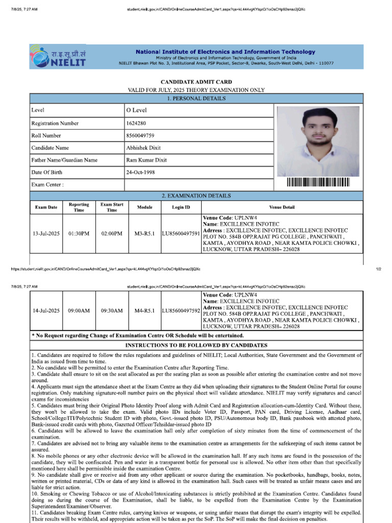 O Level Admit Card 2025 July | PDF
