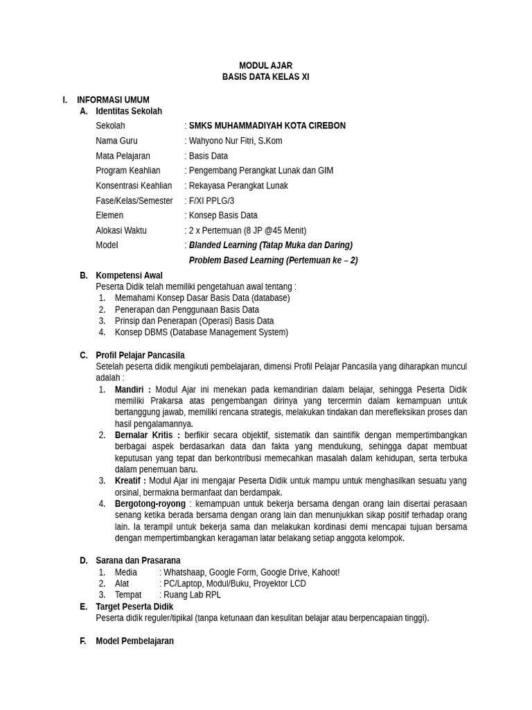 Modul Ajar Basis Data Fase F Kelas XI PPLG | PDF