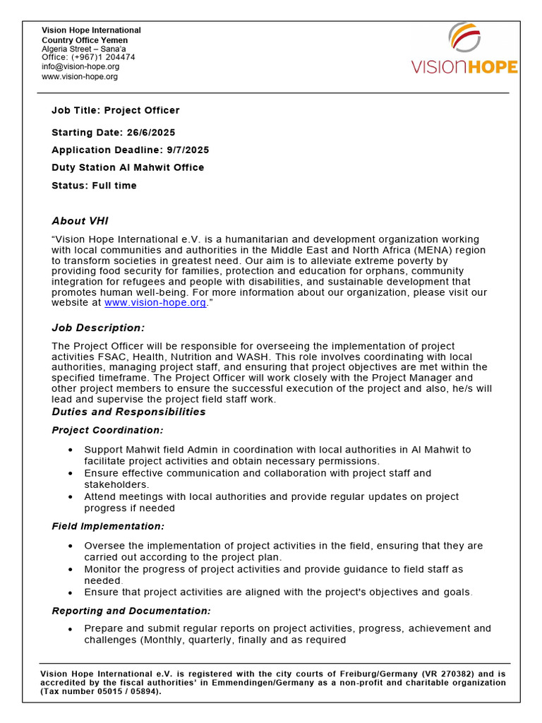 Project-Officer TOR Final 20250625 | PDF | Nonprofit Organization | Business