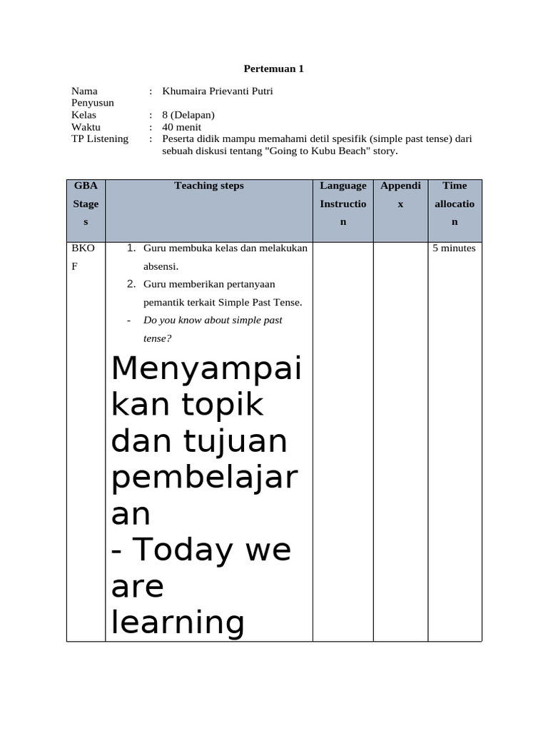 Modul Ajar Kelas 8 Past Tense Meeting 1 | PDF