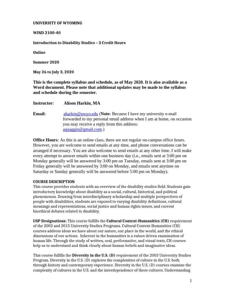 Introduction to Disability Studies Syllabus | PDF | Academic Dishonesty ...