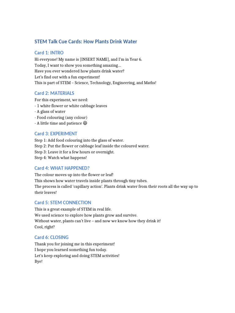 STEM Talk Cue Cards How Plants Drink Water | PDF | Plants | Botany