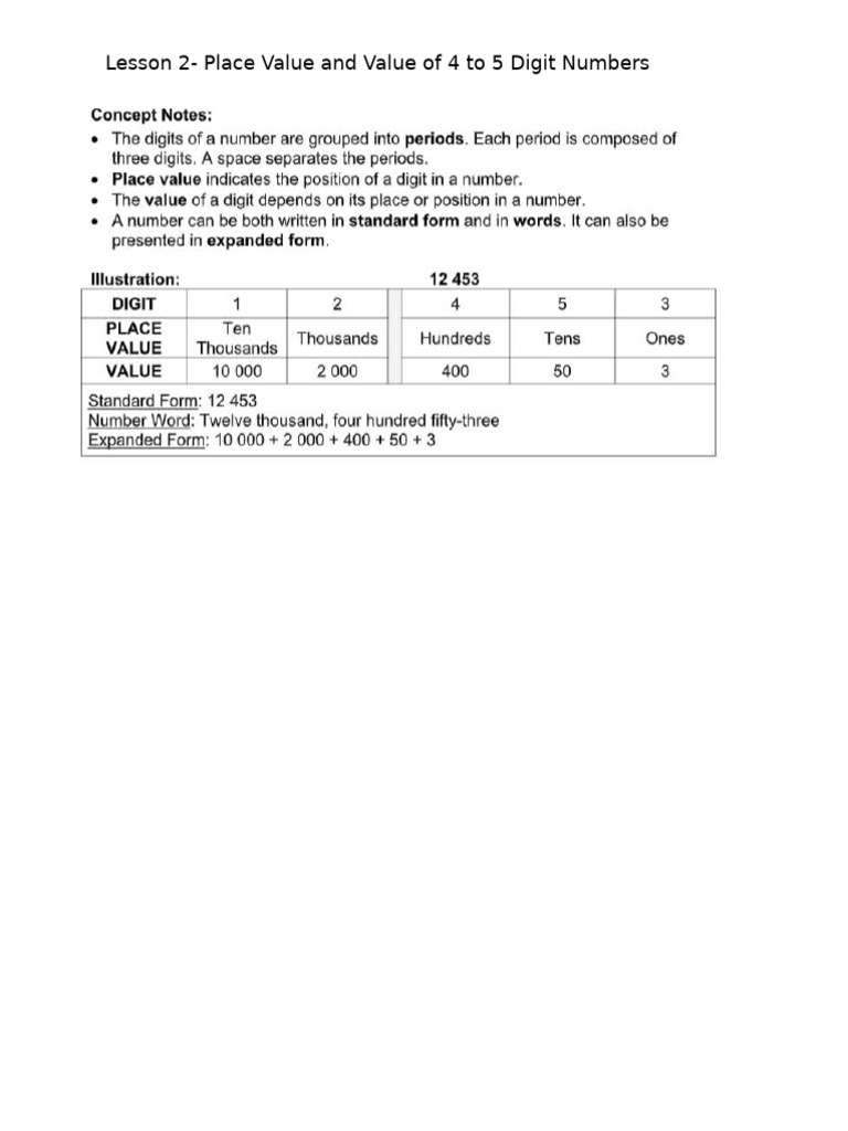 Lesson 2 - Place Value and Value of 4-5 Digit Numbers | PDF