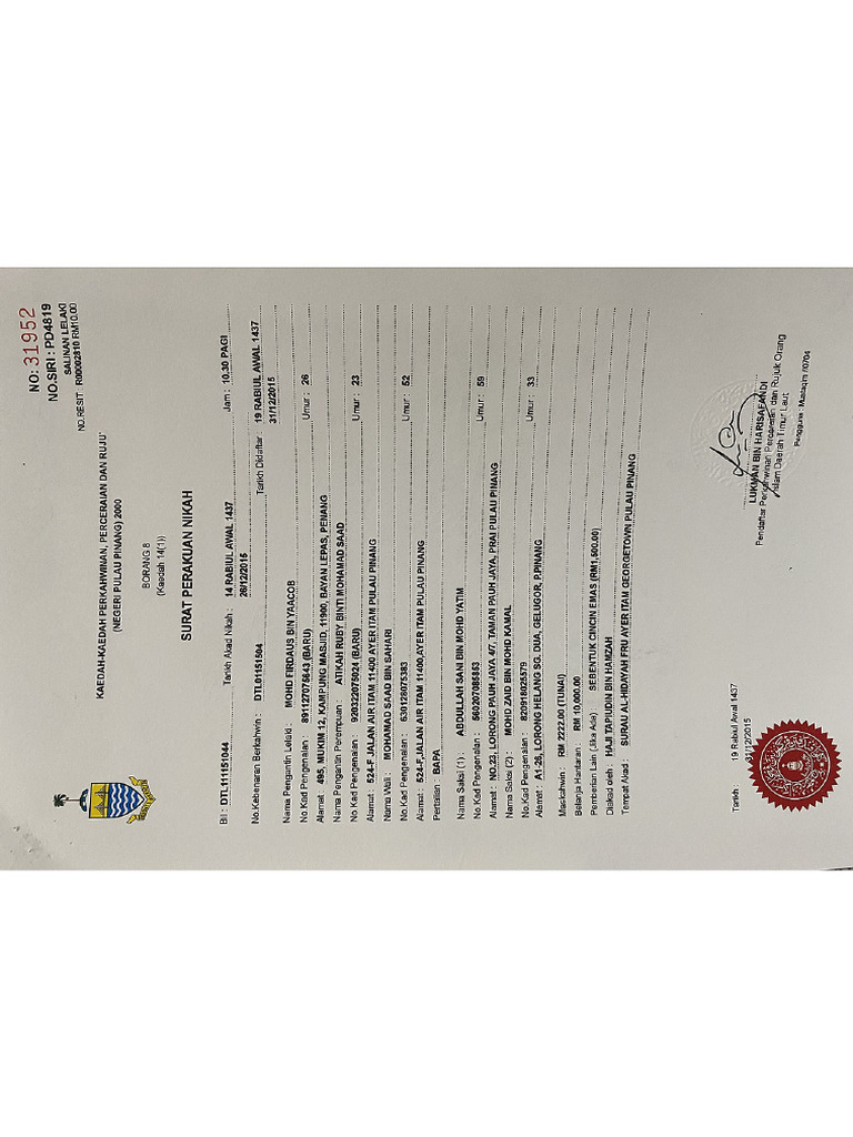 Sijil Nikah Firdaus & Atikah | PDF